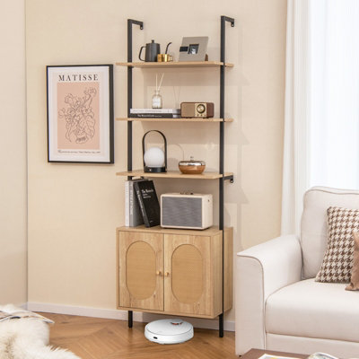 Costway Wall Mount Bookshelf with Cabinet Vertical Wall Storage Shelves ...
