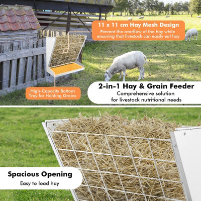 Costway Wall-Mounted Sheep Hay Rack 2-in-1 Hay & Grain Feeder Handing ...