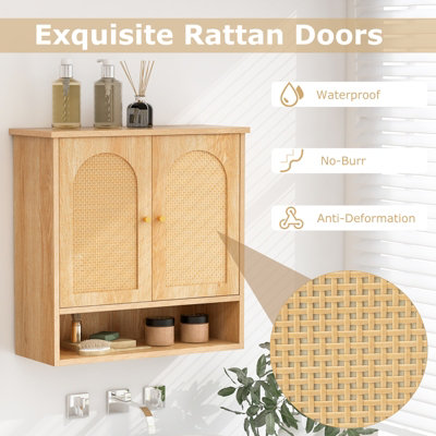 Costway Wall Mounted Storage Cabinet 3 Tier Bathroom Cabinet w 2 Rattan Doors
