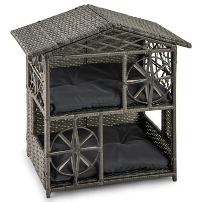 COSTWAY Wicker Cat House 2-Tier Cats Condo Enclosure w/ Removable ...