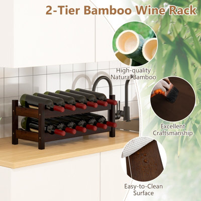 COSTWAY Wine Rack 12 Bottle Bamboo Wine Bottle Holder 2-Tier Wine Shelf ...