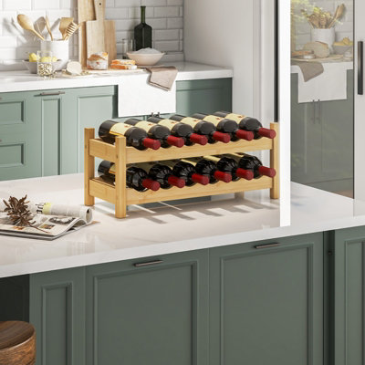 COSTWAY Wine Rack 12 Bottle Bamboo Wine Bottle Holder 2-Tier Wine Shelf ...