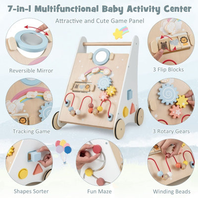 COSTWAY WOODEN BABY WALKER PUSH AND PULL LEARNING ACTIVITY WALKER SIT ...