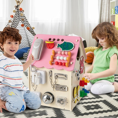 Costway Wooden Busy House Toy Multi-purpose Busy House w/ Sensory Games ...