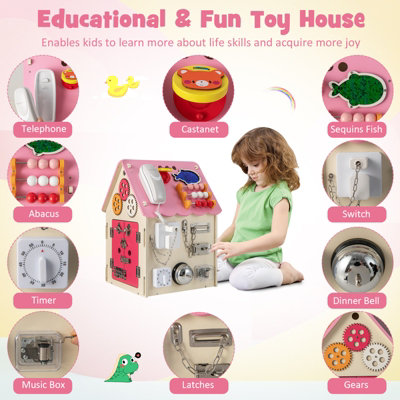 Costway Wooden Busy House Toy Multi-purpose Busy House w/ Sensory Games ...