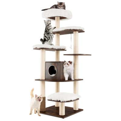 Costway Wooden Cat Tower Large Modern Cat Tree Tower Multi-level Cat ...