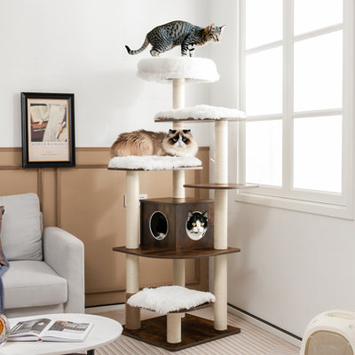 Costway Wooden Cat Tower Large Modern Cat Tree Tower Multi-level Cat ...