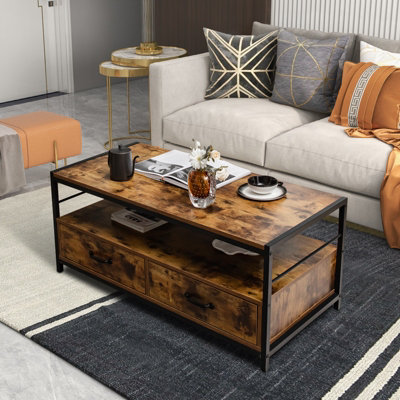 COSTWAY Wooden Coffee Table w/ Storage Drawers Rectangular Center ...