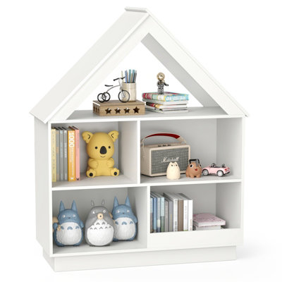 COSTWAY Wooden Kids Bookshelf House-shaped 5 Cubby Toy Storage Organizer