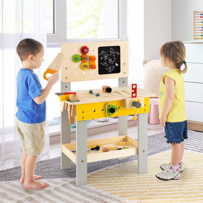 Costway Wooden Kids Pretend Play Workbench Set with Blackboard