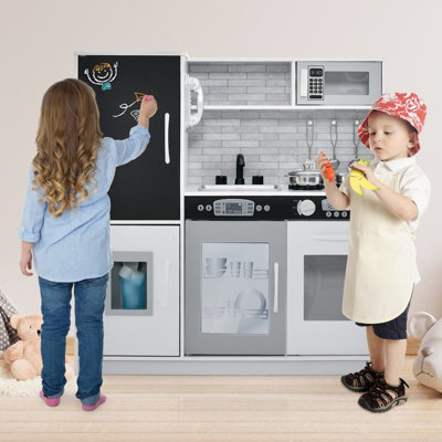 Costway Wooden Play Kitchen Kids Pretend Play Toy w/ Blackboard & Phone ...