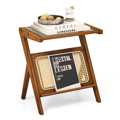 Costway Z-shaped Bedside Table Modern Bamboo Side Table w/ Rattan ...
