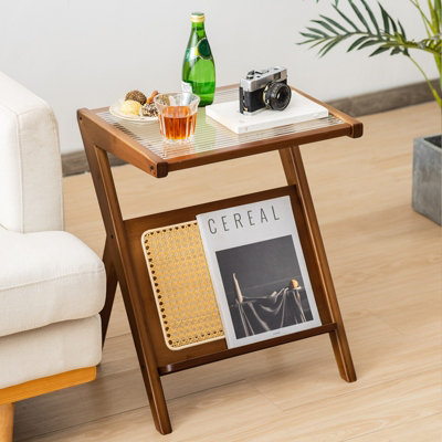 Costway Z-shaped Bedside Table Modern Bamboo Side Table w/ Rattan ...