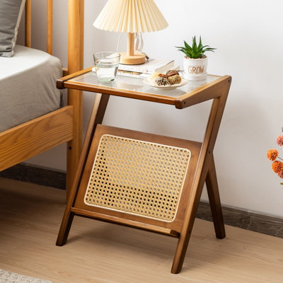 Costway Z-shaped Bedside Table Modern Bamboo Side Table w/ Rattan ...