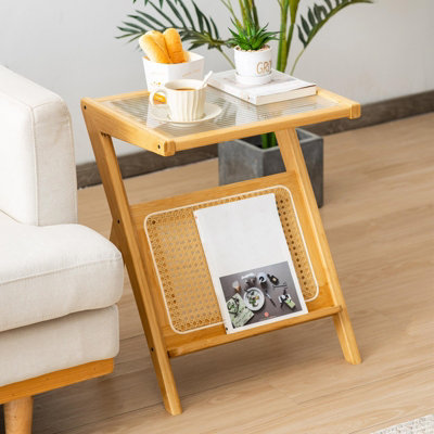 Costway Z-shaped Bedside Table Modern Bamboo Side Table w/ Rattan Magazine Rack & Tempered Glass Top