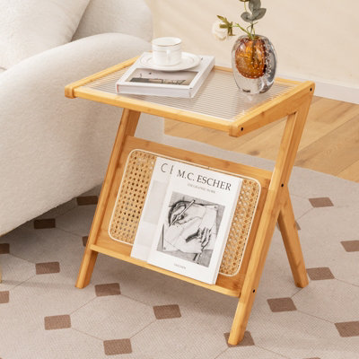 Costway Z-shaped Bedside Table Modern Bamboo Side Table w/ Rattan Magazine Rack & Tempered Glass Top