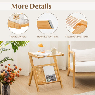 Costway Z-shaped Bedside Table Modern Bamboo Side Table w/ Rattan Magazine Rack & Tempered Glass Top