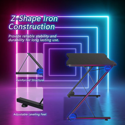 Costway Z-Shaped Computer Desk w/ LED Lights & Large Carbon Fiber ...