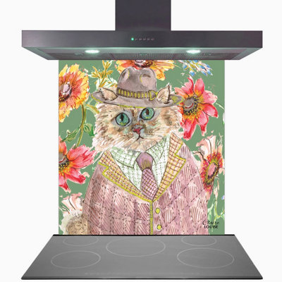 Cottage Floral Cat Glass Kitchen Splashback