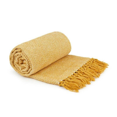 Cotton Herringbone Throw Ochre Large 90" x 100" (228 x 254cm) | DIY at B&Q
