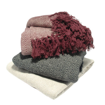 Cotton Herringbone Throw Red Large 90" x 100" (228 x 254cm) | DIY at B&Q