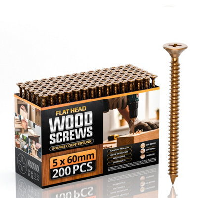 countersunk Yellow-passivated Carbon steel wood Screws 5mm x 60mm, 200Pcs