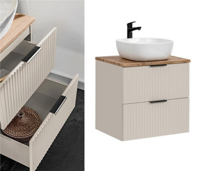 Countertop Vanity Unit with Sink Basin Bathroom Wall Hung Fluted Beige ...