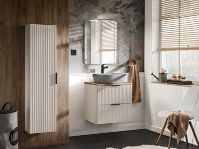 Countertop Vanity Unit with Sink Basin Bathroom Wall Hung Fluted Beige ...
