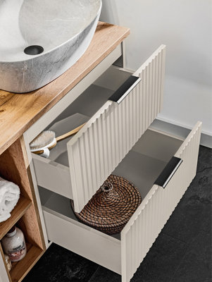 Countertop Vanity Unit with Sink Basin Bathroom Wall Hung Fluted Beige ...