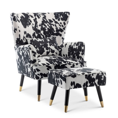 COW PRINT FABRIC ACCENT CHAIR WITH FOOTSTOOL