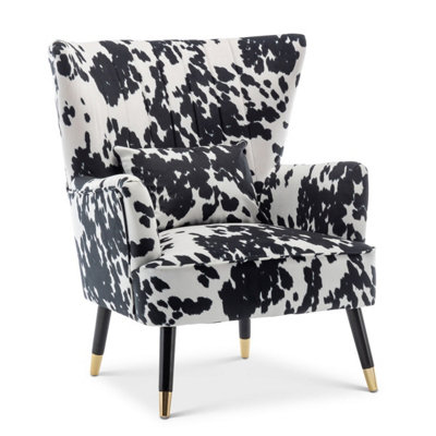 COW PRINT FABRIC ACCENT CHAIR WITH FOOTSTOOL