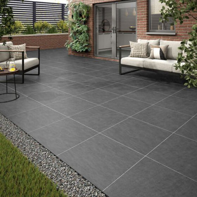Crantock Black Matt Porcelain Outdoor Tile 600x600x20mm (Pack of 2)