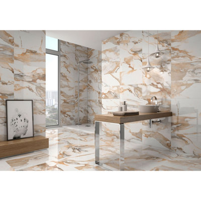 Crash Beige Rectified Glossy Decor Marble Effect 100mm x 100mm Ceramic ...