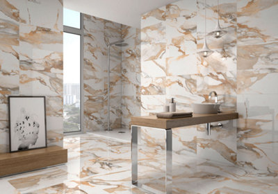 Crash Beige Rectified Glossy Marble Effect 300mm x 900mm Ceramic Wall ...