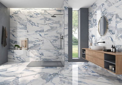 Crash Blue Rectified Glossy Marble Effect 100mm x 100mm Ceramic Wall ...