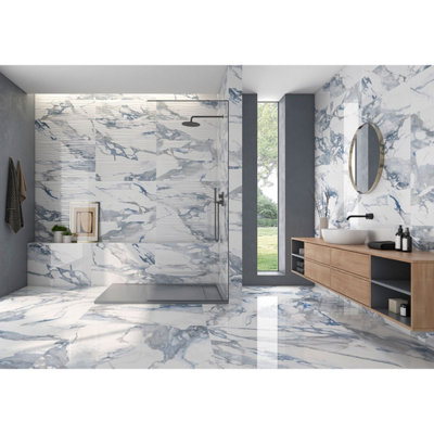 Crash Blue Rectified Satin Matt Marble Effect 100mm x 100mm Porcelain ...