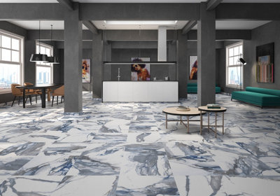 Crash Blue Rectified Satin Matt Marble Effect 600mm x 600mm Porcelain ...