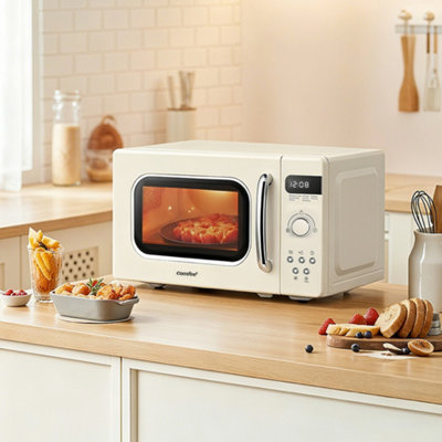 Cream 20L Small Retro Microwave with 8 Preset Functions and LED Display