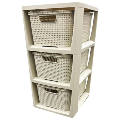 Cream 3 Drawer Stylish Rattan Effect Storage Tower Commode Baskets For Home Office
