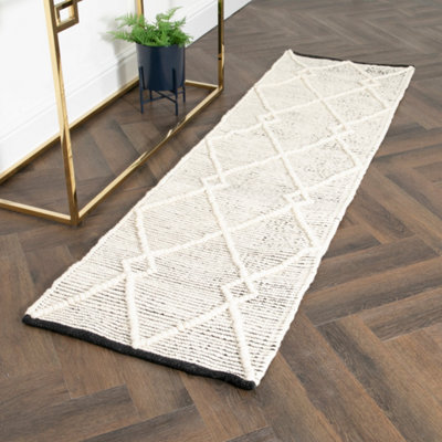 Cream & Black Diamond Pattern Runner Wool Rug (60 x 230cm) | DIY at B&Q