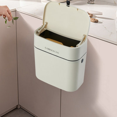 Cream-Coloured Hanging Trash Bin with Lid Kitchen Garbage Can 27cm H