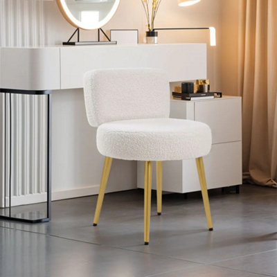 Cream Faux Fur Vanity Stool with Metal Legs for Bedroom or Home Office