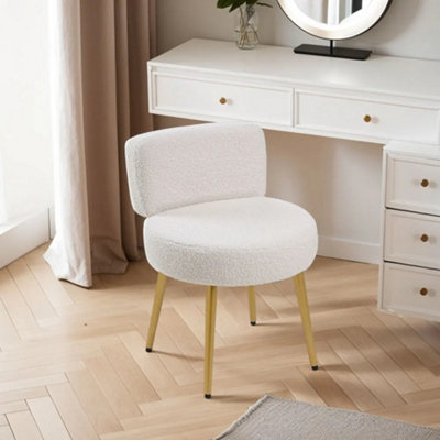 Cream Faux Fur Vanity Stool with Metal Legs for Bedroom or Home Office