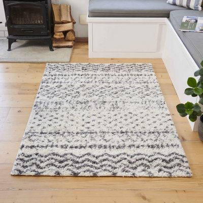 Cream Grey Neutral Aztec Scandi Shaggy Living Area Rug 80x150cm