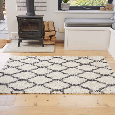 Cream Grey Neutral Trellis Scandi Shaggy Living Area Rug 110x160cm
