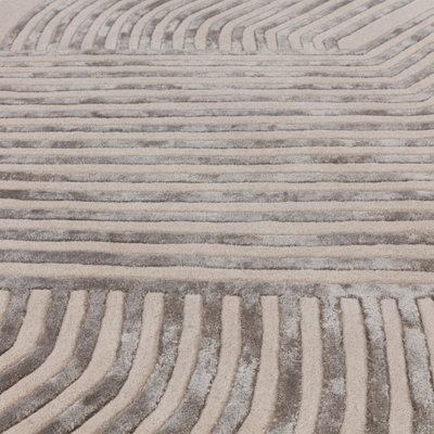 Cream Handmade Modern Striped Wool 12-14mm Thick Stain-Resistant Rug ...