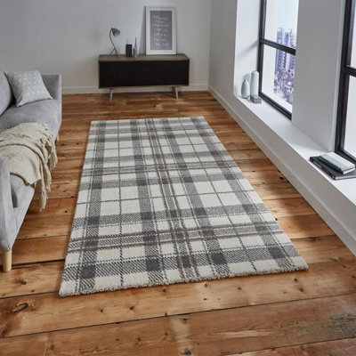 Cream/Light Grey Modern Tartan Chequered Easy To Clean Rug For Dining ...
