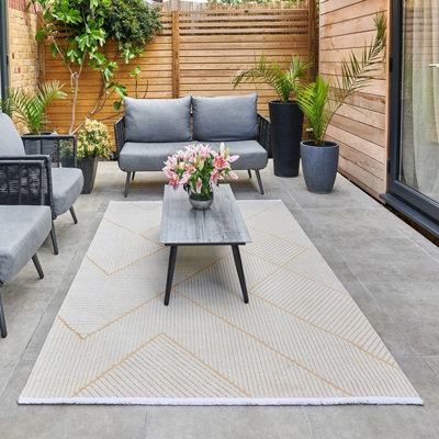Cream Outdoor Rug, Geometric Striped Stain-Resistant Rug For Patio ...