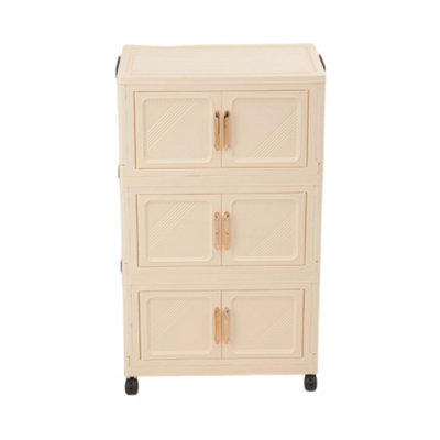 Cream PP Foldable 3 Tier Rolling Plastic Storage Cabinet with Magnetic ...