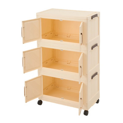 Cream PP Foldable 3 Tier Rolling Plastic Storage Cabinet with Magnetic ...